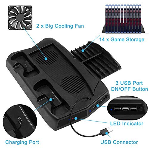 [UPGRADED VERSION] Cooling Fan Charging Station Vertical Stand Charger Compatible with Playstation 5 PS5 Console Charging Station Dock, Dual Controller Charger with 14 Game Card Slot Organizer