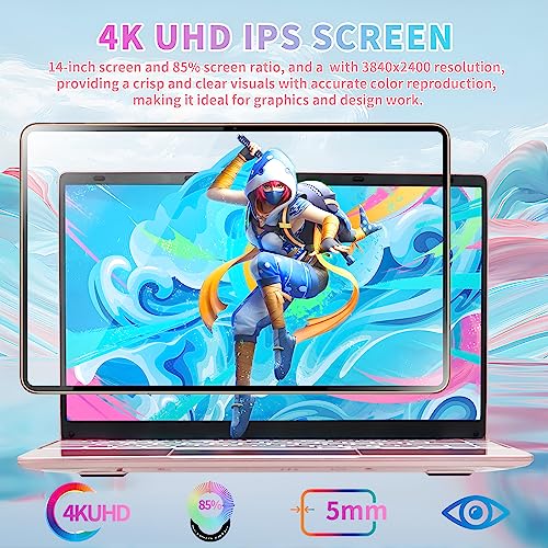 【Win 11 Pro/Office 2019】 4K Laptop 14" Narrow Bezel UHD (3840x2160) IPS Display, Celeron N5095 CPU, 16GB RAM, 512GB SSD, Color Backlit KB, Fingerprint Reader, WiFi, HDMI, Rose Gold(16G+512G)