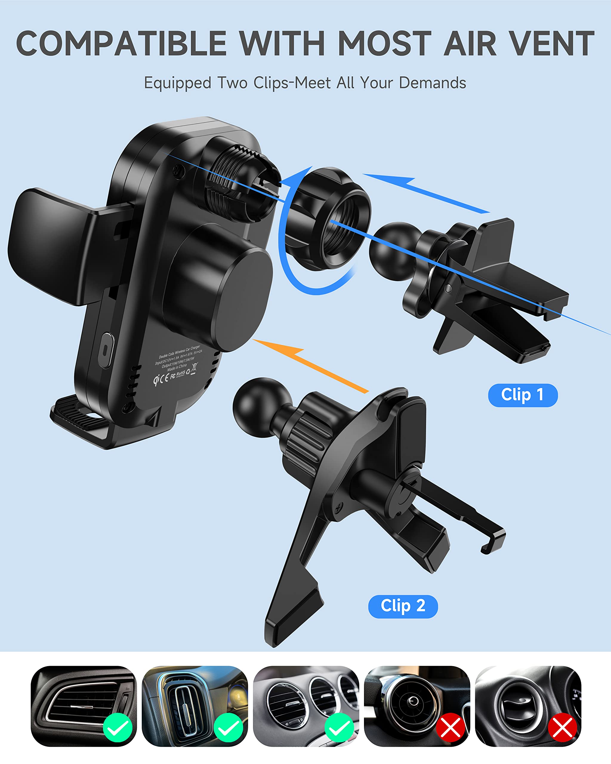 【Dual Coils & 2 Vent Mounts】 Wireless Car Charger, Casunit 15W Dual Coil Fast Charging Auto-Clamping Car Mount for iPhone 14 13 12 Pro Max Mini/Samsung Galaxy Z Flip 4 3 5G S21/LG/Pixel 6 Pro (Black)