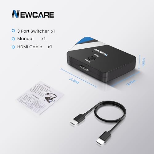 [Upgrade]NEWCARE HDMI Switch 3 in 1 Out, 4K@60Hz HDMI 2.0 Switch Splitter with 2.6FT HDMI Cable, 3-Port HDMI Switcher Selector, Supports 4K 30Hz 3D 1080P HDCP2.2 for PS5 Xbox DVD Player Fire Stick PC