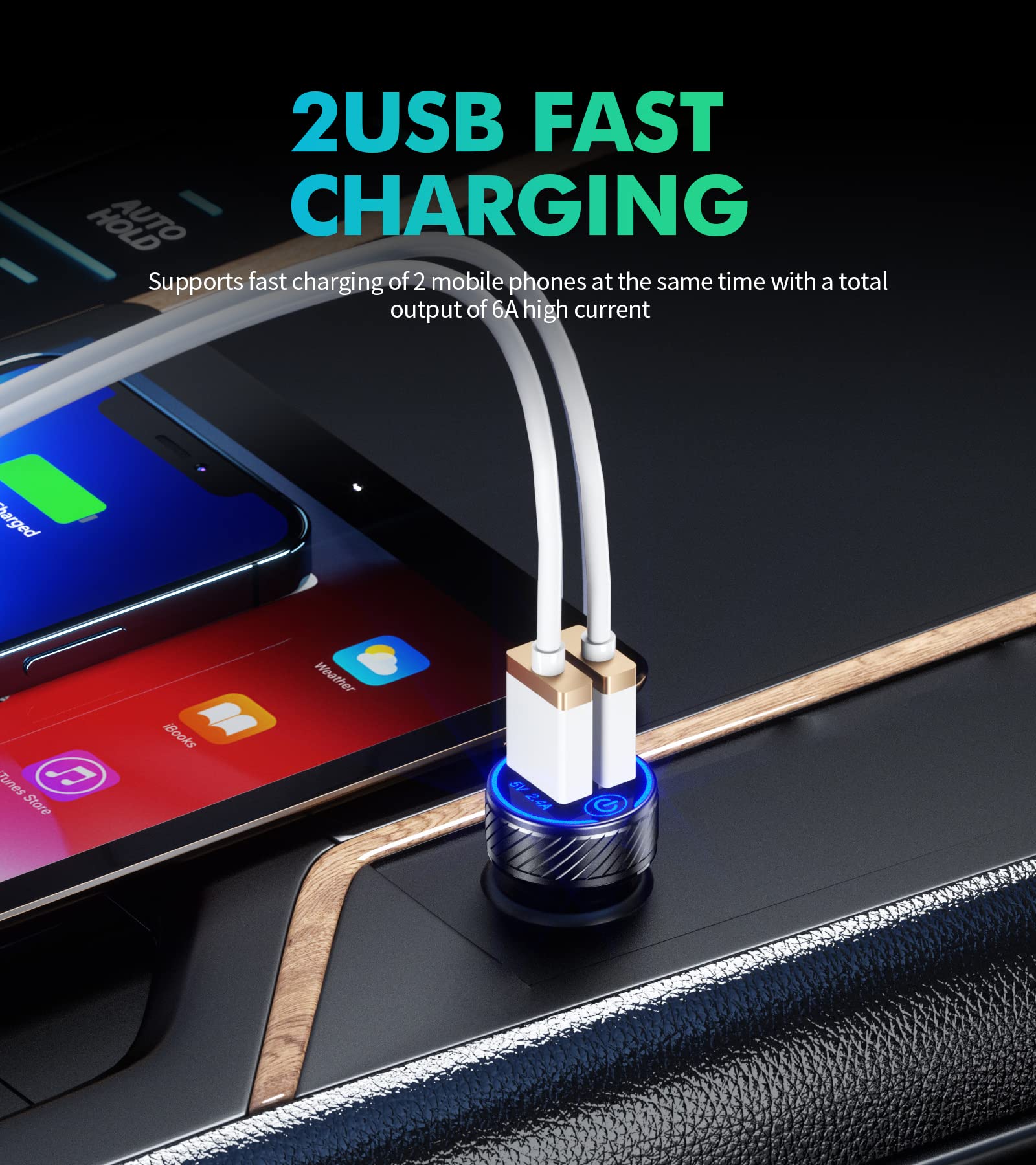 【2Pack】 USB Car Charger, Dual USB Port Car Charger Adapter, 5V/4.8A Charge Car Phone Charger with Blue LED & Touch Switch Fit for iPhone 13/12 Pro/Max/8, Galaxy S21/20/10/9 (Black)