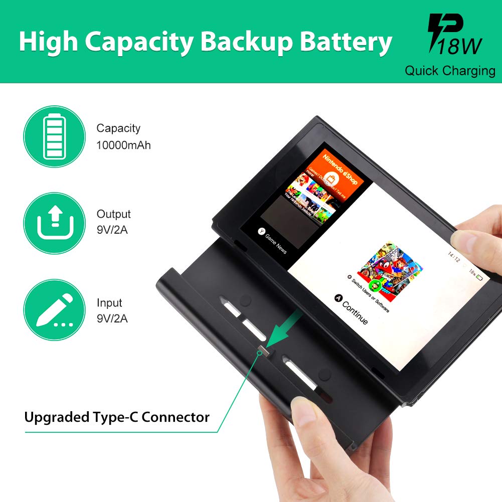 [Upgraded] BigBlue 10000mAh Battery Charger Case with Joy-Con Grips, Dual USB-C(18W PD Quick Charging), Portable Backup Charger with Kickstand & Game Card Slot