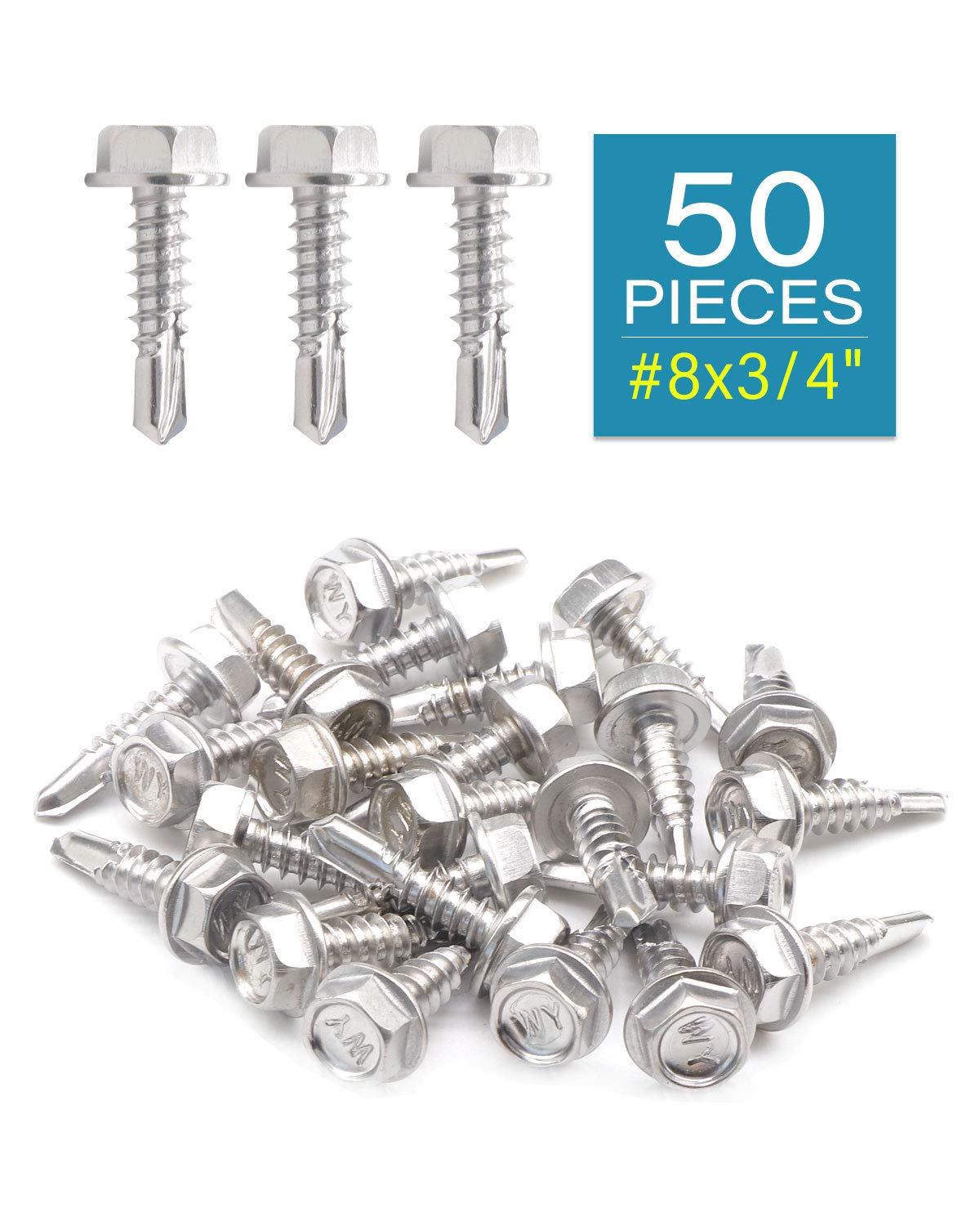 #8 x 3/4" Stainless Hex Washer Head Self Drilling Screws (50pcs), Stainless Steel 410 Fully Threaded Sheet Metal Flanged Hex Screw | by IMSCREWS