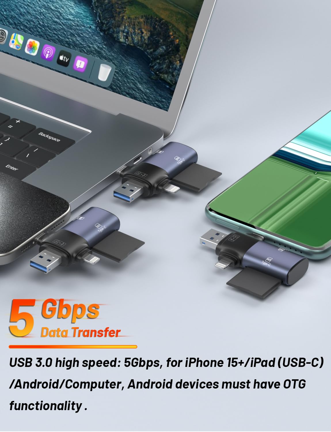 [MFi Certified] USB3.2 SD TF Card Reader for iPhone iPad Android Mac Computer Camera, 3 connectors: Lightning USB C(Type C) USB-A 1pc