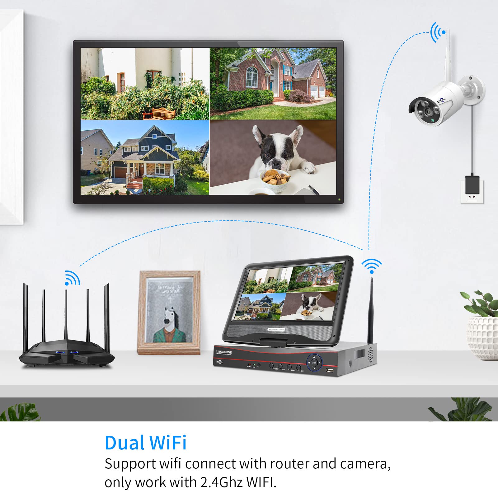【No HDD/Power Adapter/Mouse】 10'' LCD Wireless WiFi NVR 8 Channels Network Video Recorder, Motion Detection Zones, 24/7 Record, Work with Hiseeu 1080P/3MP/5MP Eseecloud Wireless Camera