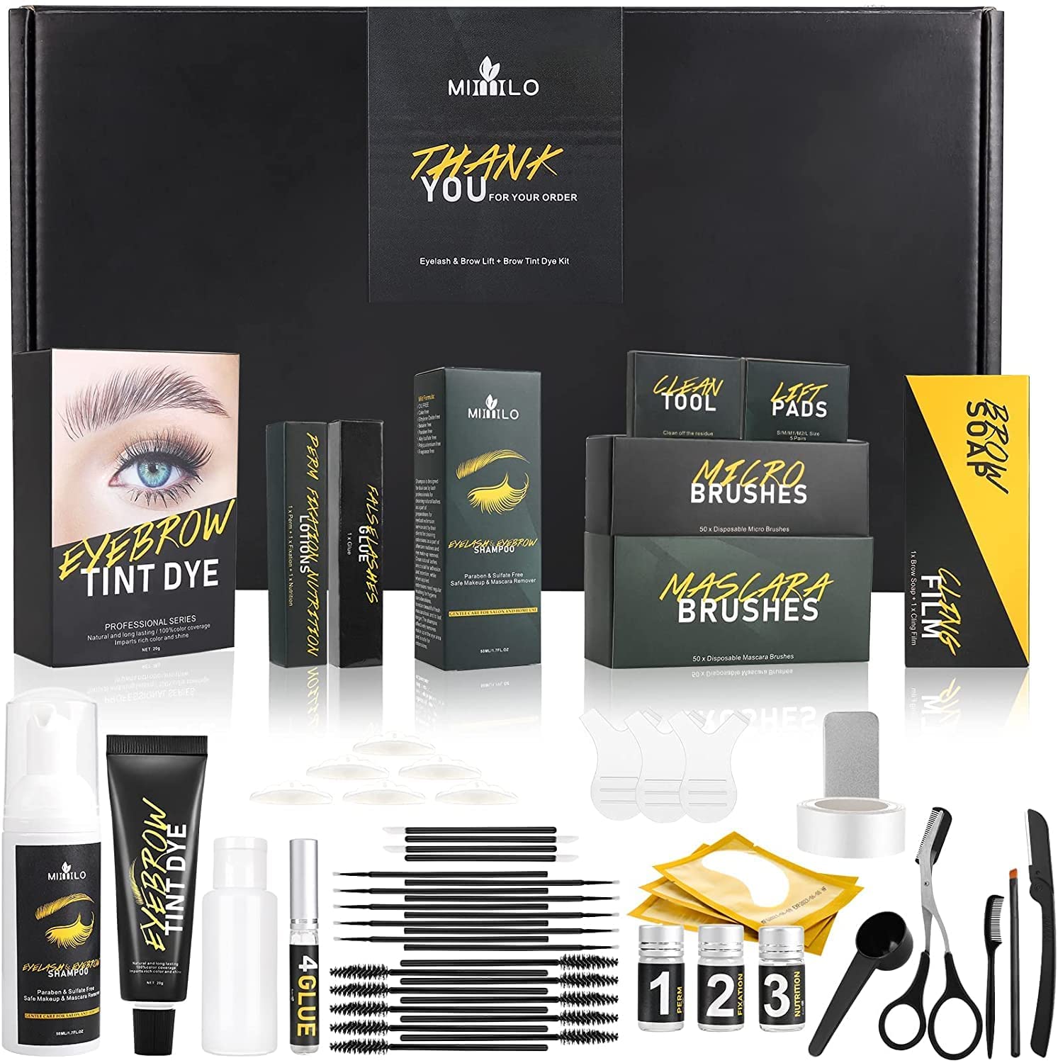【6 in 1】 Brow Lamination Kit with Tint 丨Eyebrow Tint Dye & Eyebrow Lamination Kit with Professional Add-ons 丨Instant Fuller Thicker Eye Brow Tinter Kit for Home DIY Salon Use (Black)
