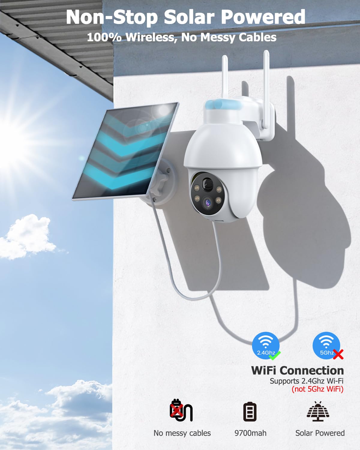 【2K】 Solar Powered Security Cameras Wireless Outdoor, 2 Pack, Pan Tilt 360°WiFi Camera with Color Night Vision/PIR Sensor/2-Way Audio/Alexa/Google Assistant