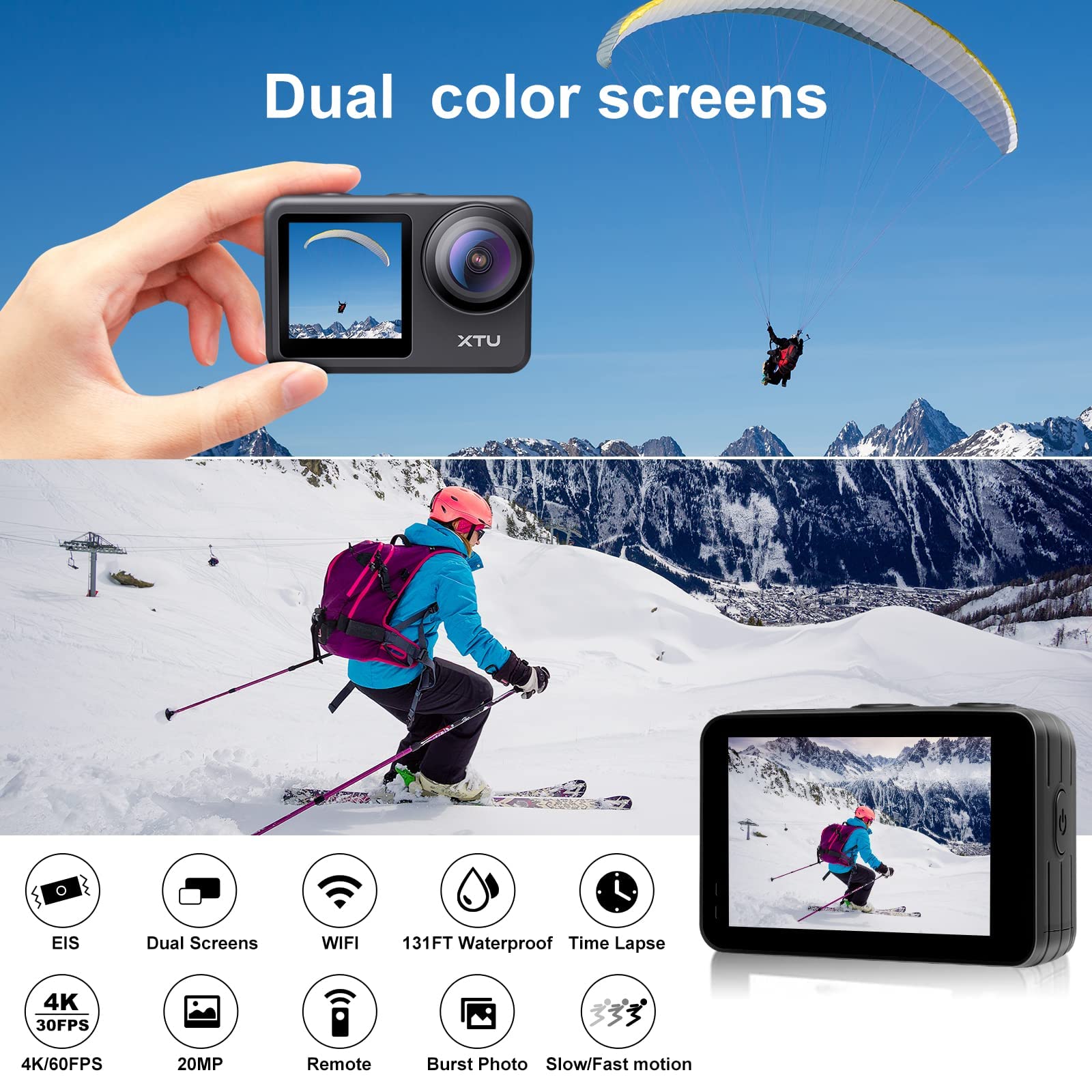 【2022 Upgrade】 4K60FPS WiFi Action Camera, XTU MAX PRO 20MP Waterproof Camera with Dual Touch Screen Display, Ambarella H22, SuperSmooth3.0, 4K60 Frame Anti-Shake and SuperView