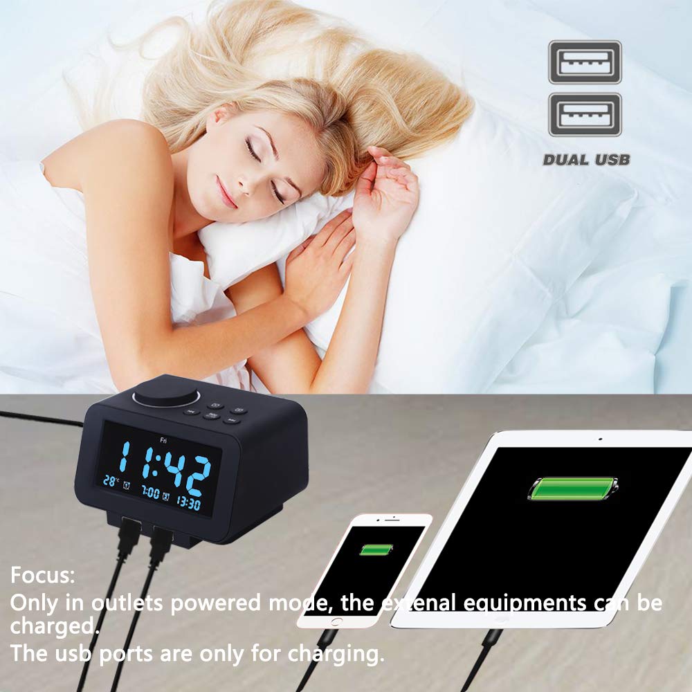 【Upgraded】Digital Alarm Clock, FM Radio, Dual USB Charging Ports, Temperature Detect, Dual Alarms with 7 Alarm Sounds, Snooze, 6-Level Brightness Dimmer, Batteries Operated, for Bedroom, Sleep Timer