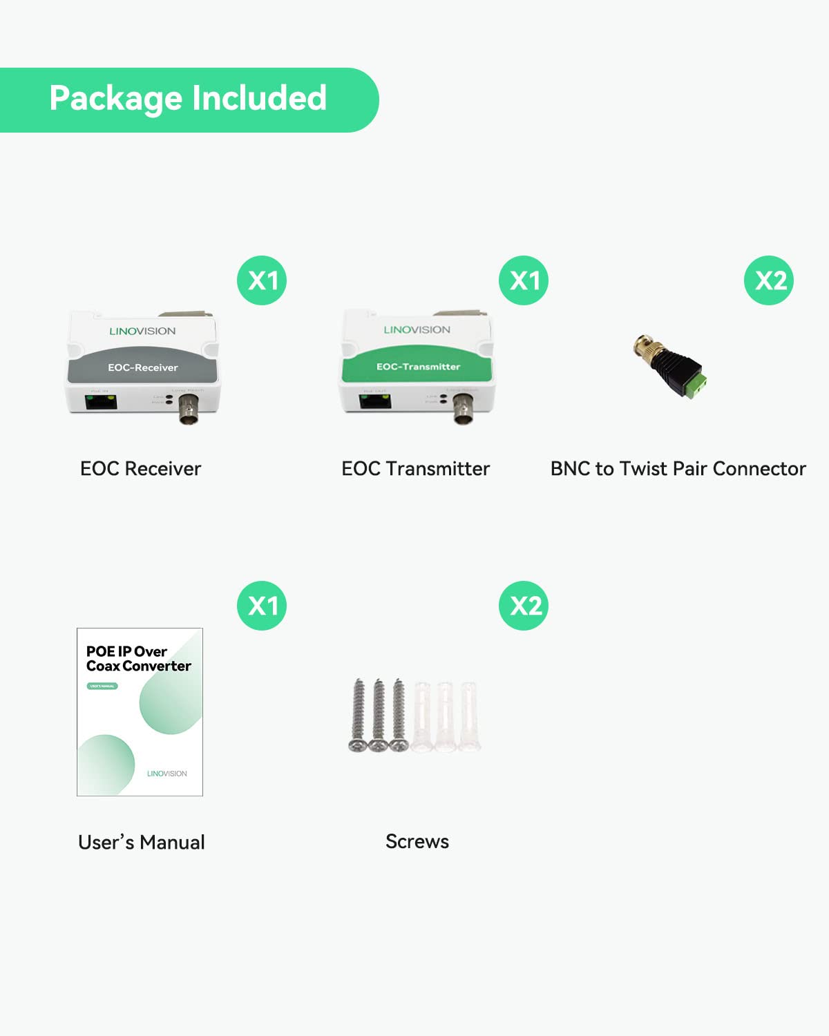 【Upgraded】LINOVISION POE Over Coax EOC Converter IP Over Coax Max 3000ft Power and Data Transmission Over Regular RG59 Coaxial Cable for Upgrading Analog Surveillance System to IP Surveillance System