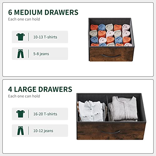 10 Drawers Fabric Dresser Storage Drawers, Tall Dresser with Sturdy Frame&Wooden Top, Organizer Unit for Closet, Living Room, Entryway, Hallway, Rustic Brown