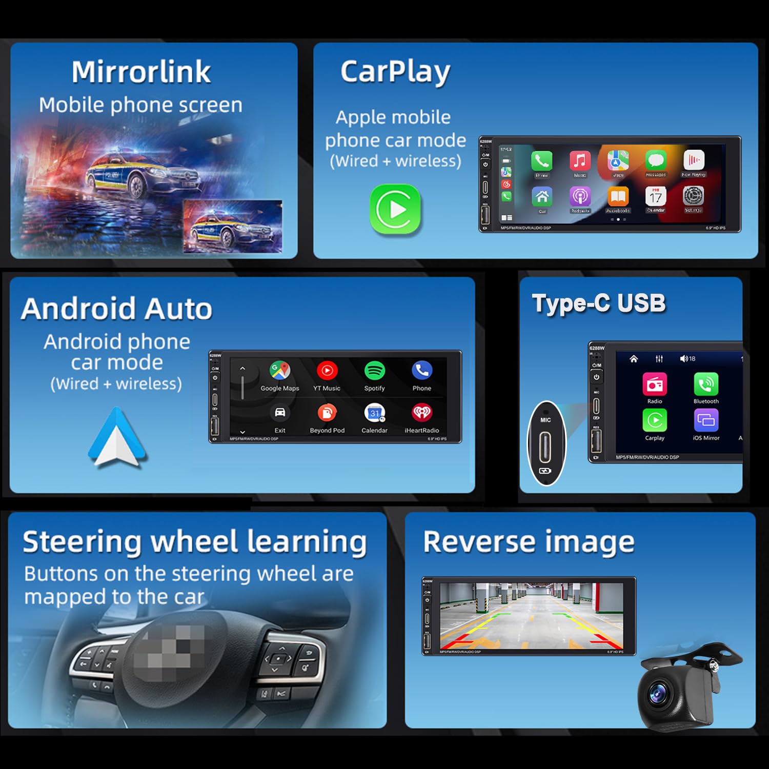 [Wireless] Alondy Single Din Car Stereo,Compatible with Wireless Apple CarPlay Android Auto,Type-C USB,6.9" Touchscreen,Mirror Link,Backup Camera,Bluetooth Voice Control DSP AM/FM Radio
