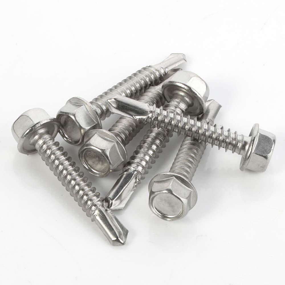 #14 x 1 Hex Washer Head Self Drilling Sheet Metal Screws with Drill Point, Stainless Steel 410, Plain Finish, 50 PCS