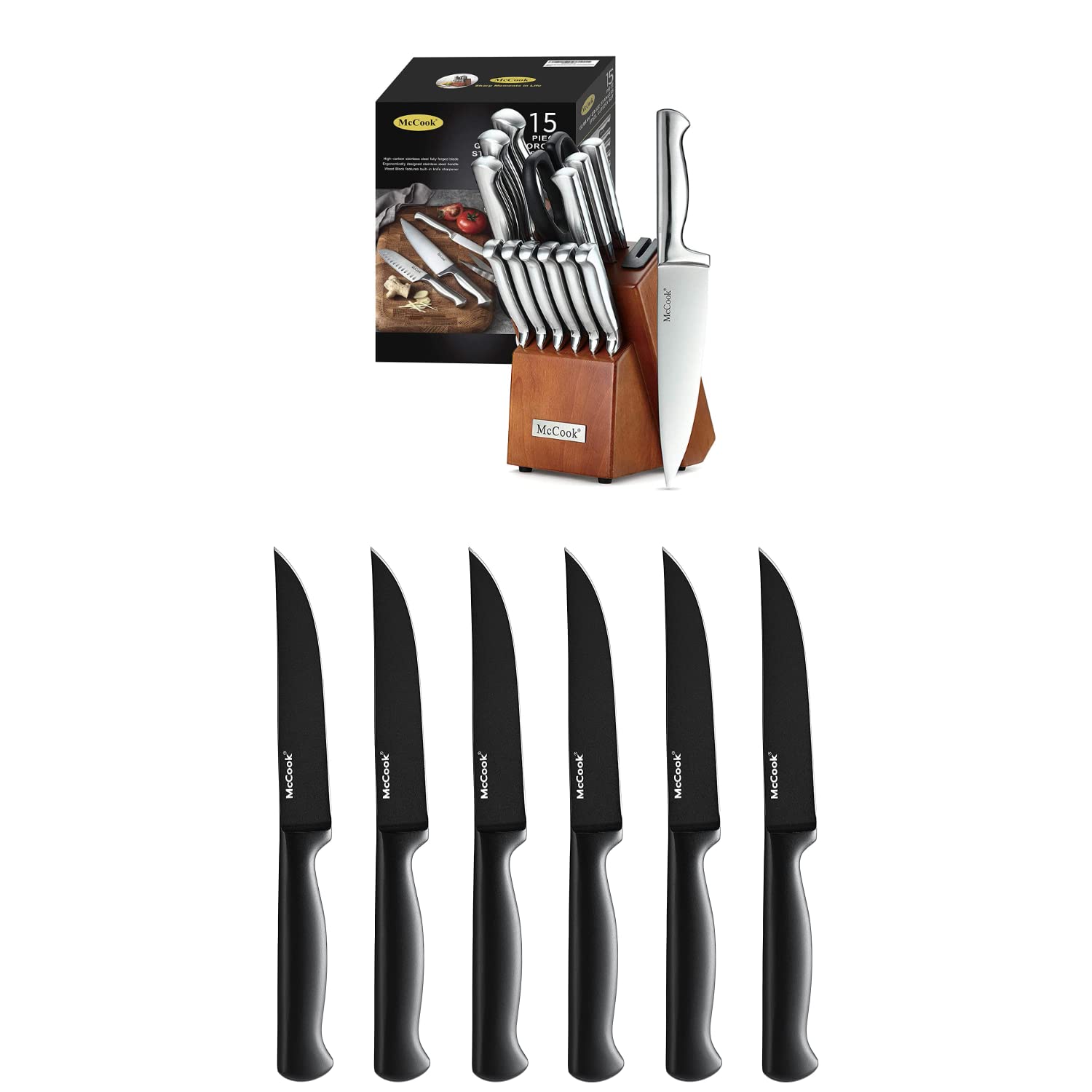 【What Yout Get】MC29 15 Pieces German Stainless Steel Knife Block Sets with Built-in Sharpener + McCook MC59B Steak Knives Set of 6