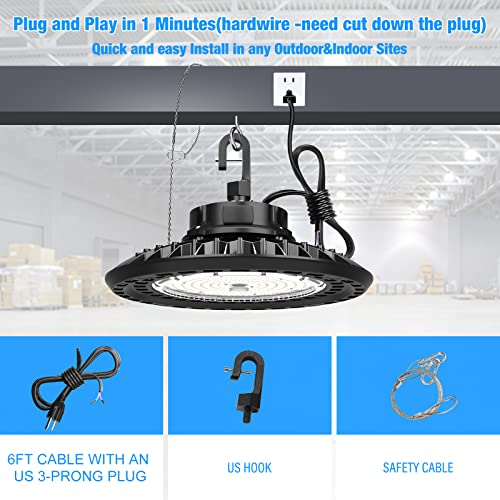 【Upgraded】 UFO LED High Bay Lights 240/200/150W 3-Watts Adjustable Flicker Free -36000LM Super Bright High Bay Shop Lights 5000K, 0-10V Dimmable, 6' Cable, 100-277V for Garage Barn Warehouse(2 Pack)