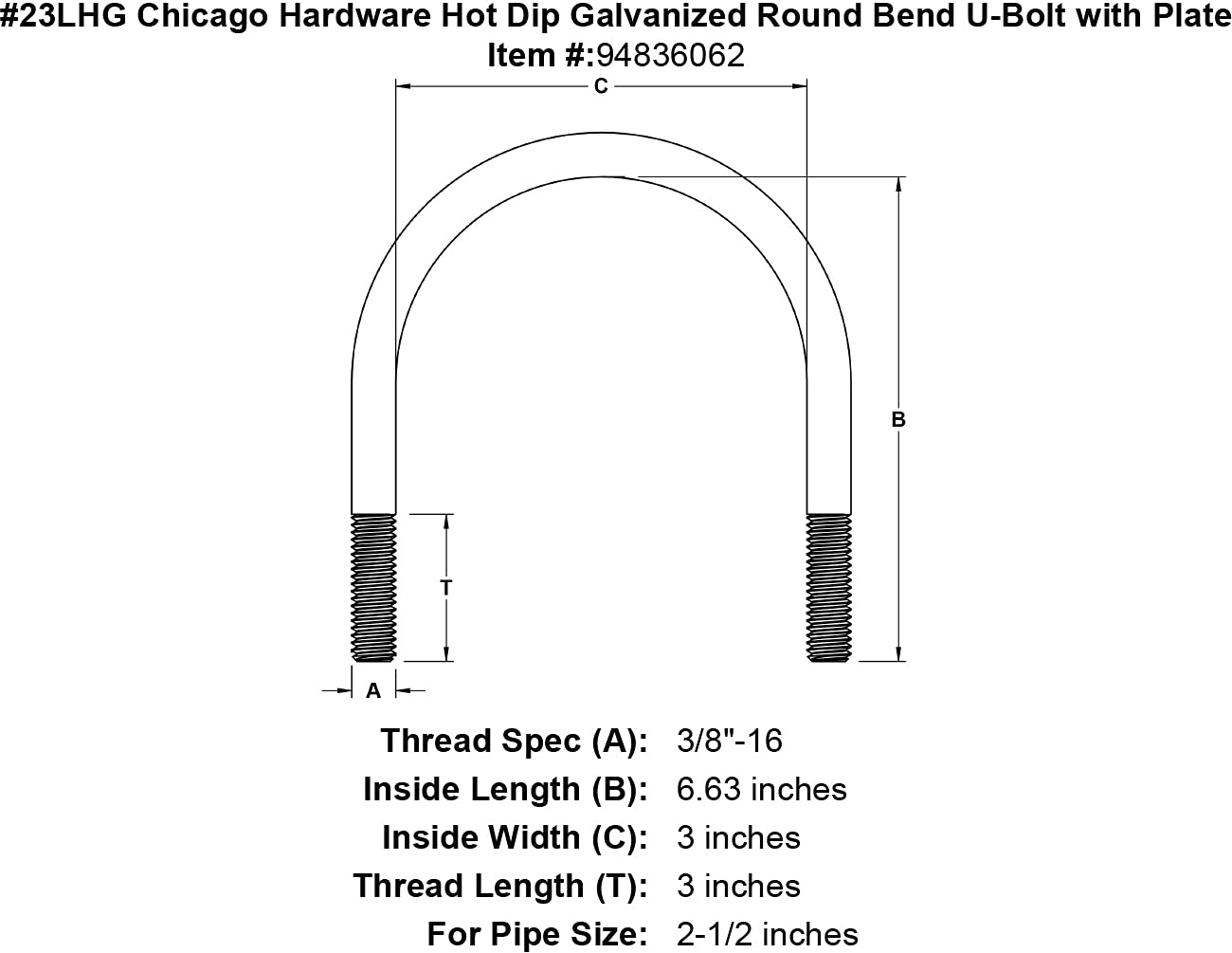#23LHG Chicago Hardware Hot Dip Galvanized Round Bend U-Bolt with Plate