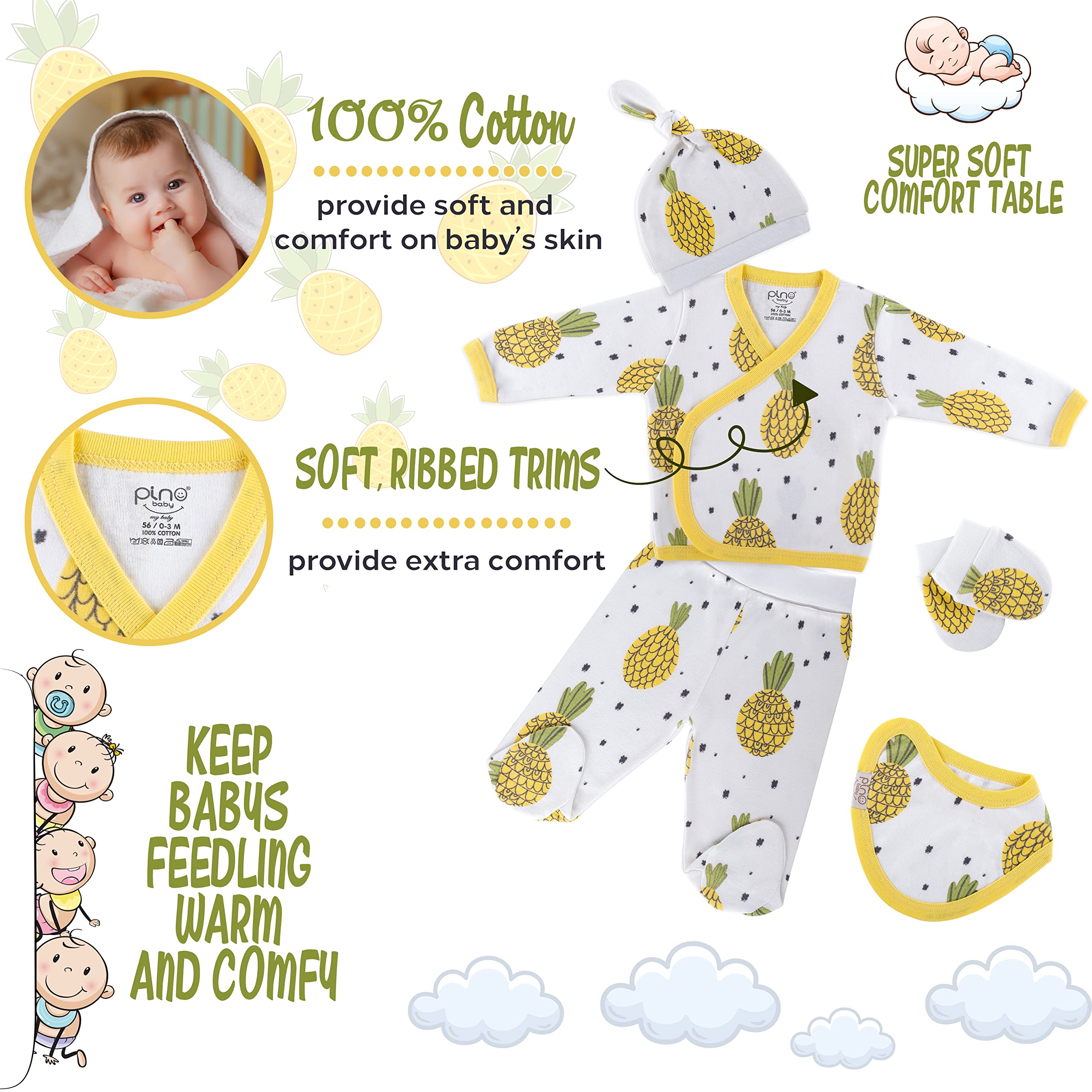 0-3M Unisex Baby Layette Set Neutral Baby Clothes Baby Gift Sets for Girl and Boy 5-Piece Pineapple Pattern 0 Cotton By Yellow 0-3 months B-01 Yellow