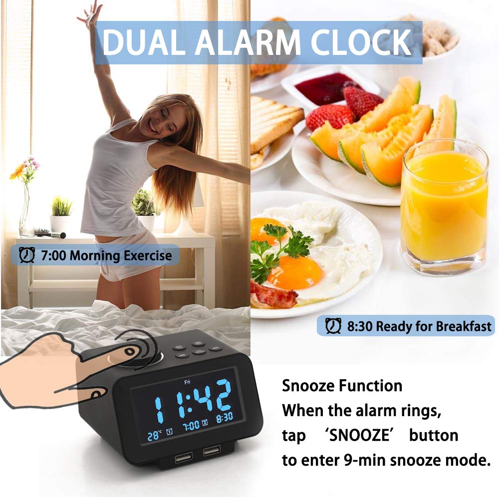 【Upgraded】Digital Alarm Clock, FM Radio, Dual USB Charging Ports, Temperature Detect, Dual Alarms with 7 Alarm Sounds, Snooze, 6-Level Brightness Dimmer, Batteries Operated, for Bedroom, Sleep Timer