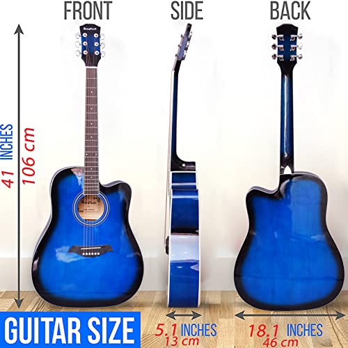 【US Warehouse】Acoustic Guitar Beginner 4/4 Full Size 41 inch Cutaway Grand Adult Starter Bundle Kit Gig Bag Strap Tuner Capo Pickguard String 4 Picks Cloth Right Hand Blue