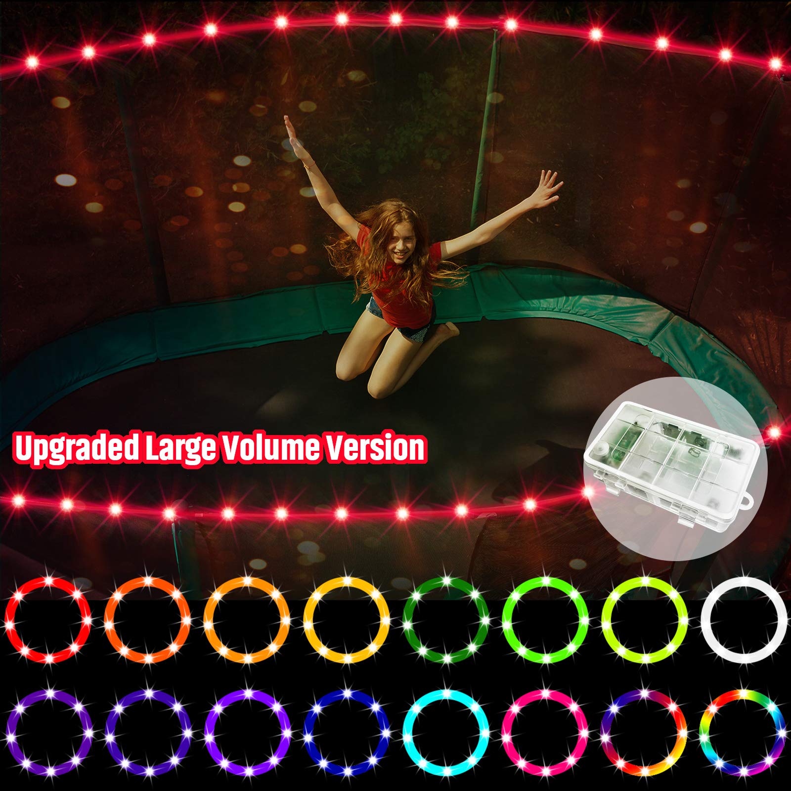 【Upgraded Large Volume&Longer Version】 LED Trampoline Lights,Remote Control Trampoline Rim LED Light for 12Ft Trampoline, C Battery Box, 16 Color Change, Waterproof, Bright to Play at Night Outdoors