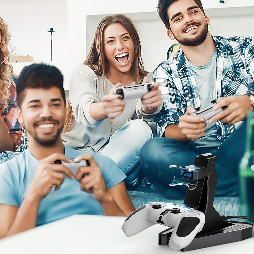 【2.0 Upgraded】Dual PS5 Controllers Charger with Hyper Cover for DS, KKUYI PS5 Controller Charging Station, Fast Charger Stand Dock for Sony Playstation 5 DualSense with Dual USB C Ports LED Indicator
