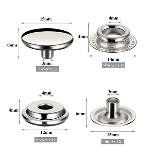 12 Sets Snaps Button Leather Snap Fasteners Kit 15mm Metal Snaps Repair Kit Snaps for Clothing Press Studs Snap Fasteners with 2 Pieces Installation Tools for Sewing Bags Jeans Fabric Jackets