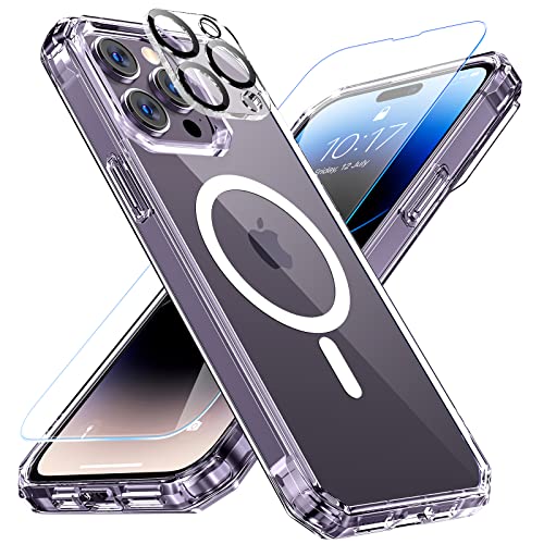 【3 in 1】Nuleto for iPhone 14 Pro Case, iPhone 14 Pro MagSafe Case Built-in 9H Tempered Glass Screen Protector & Camera Lens Protector Full-Body Protective Heavy Duty Shockproof Slim Thin Cover - Clear