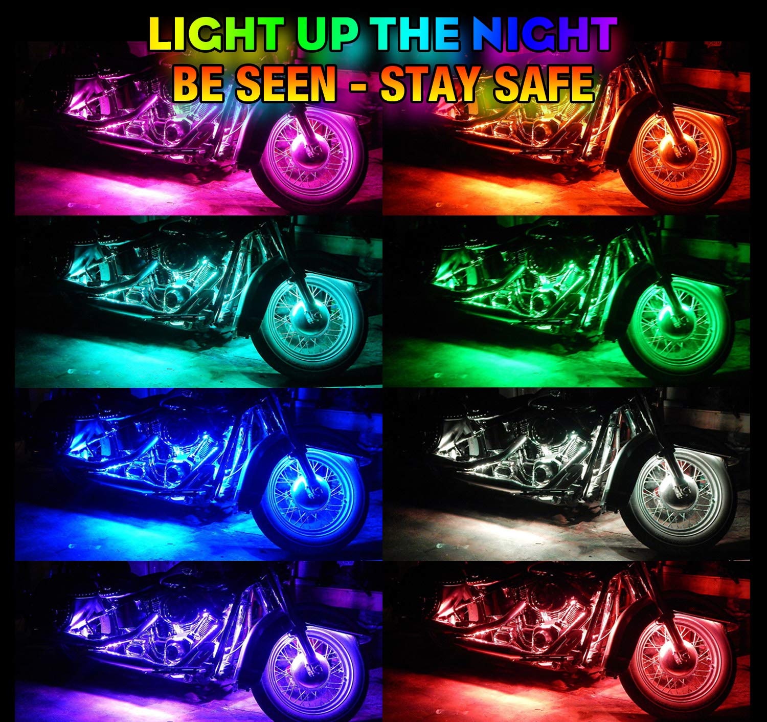 【Clear Stock】 18-Pack Motorcycle LED Underglow Lighting Kits with APP/RF/IR, Under Glow Neon Lamp Light Strips 12V with L&R Turn Signal/Warning/Brake