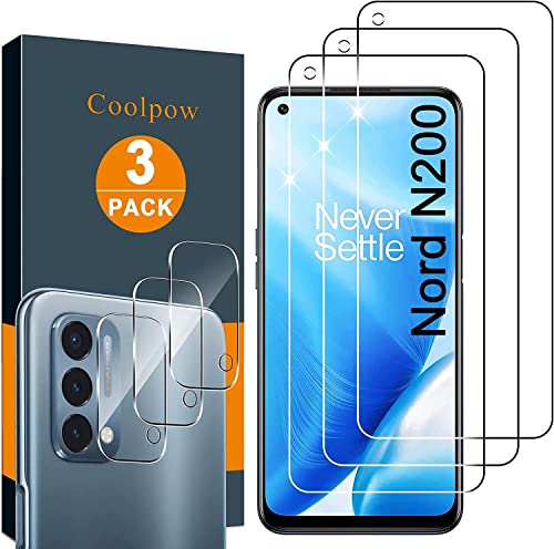 【3+3 PACK】Coolpow Designed for Oneplus Nord N200 5G Screen Protector plus One Nord N200 5G Screen Protector Tempered Glass Cell Phone Film, 【EasyInstall Tool 】,9H Hardness, Ultra HD, Scratch Resistant