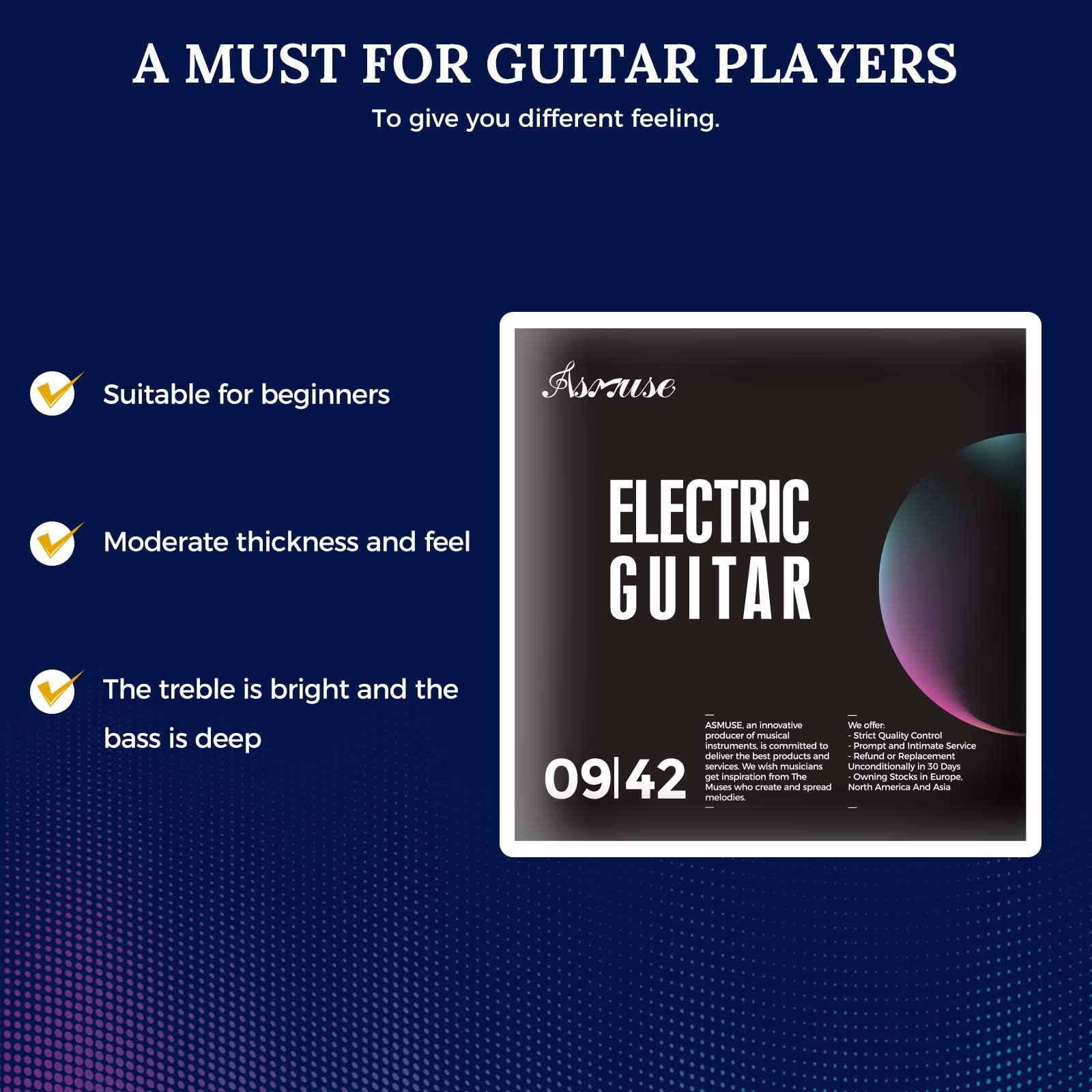 【6+3 pcs Strings】Asmuse Guitar Strings-1 PACKS of Professional Electric Guitar Strings Nickel Alloy Wound Strings Light/Medium 09-42 Gauge