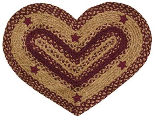 1 Pc of 30" Heart Shaped Rug Throw Mat Braided Jute Appliqué Stars Primitive Farmhouse