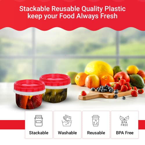 [Red - 12 Pk] Airtight Deli Containers with Lids Twist Lock Top Clear Food Storage for Meal Prep Snacks, and Leftovers Freezer and Microwave Safe Stackable Leak-Resistant,and Portable (4 Ounce)