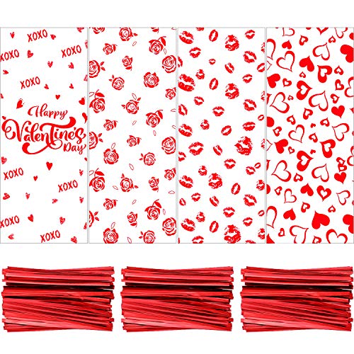 120 Pieces Valentine Cellophane Bags Valentine Gift Bags Valentine Treat Bags Goodies Bags with 150 Pieces Twist Ties for Valentine Party Favor Supplies