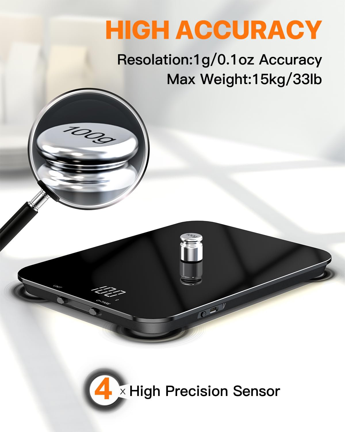【33 LB & USB Rechargeable】Commercial Digital Kitchen Food Scale Kitchen Scale, Waterproof Glass Digital Weight Grams and Oz, Baking and Cooking, 0.05oz Precise, 5 Weight Units (Black)