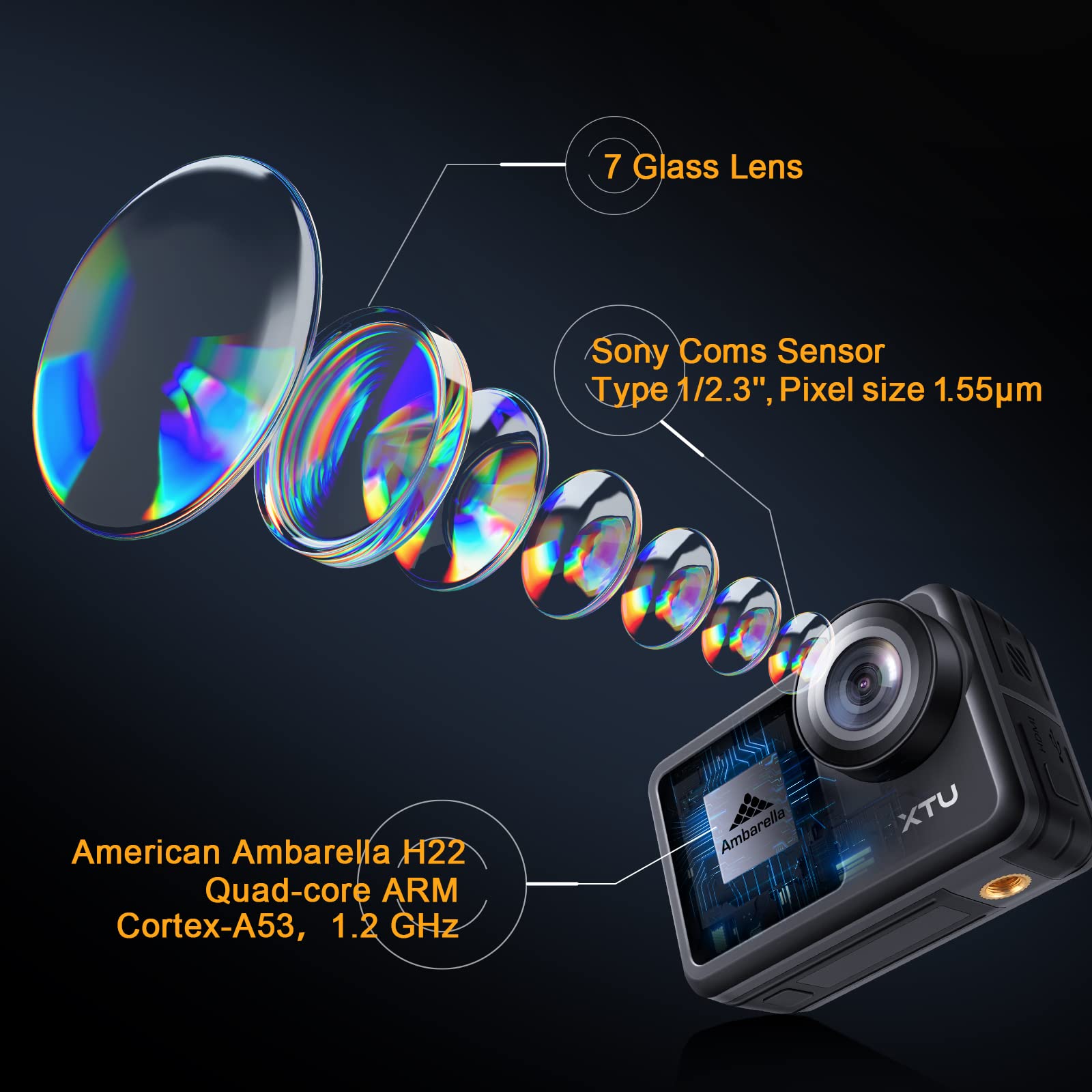 【2022 Upgrade】 4K60FPS WiFi Action Camera, XTU MAX PRO 20MP Waterproof Camera with Dual Touch Screen Display, Ambarella H22, SuperSmooth3.0, 4K60 Frame Anti-Shake and SuperView