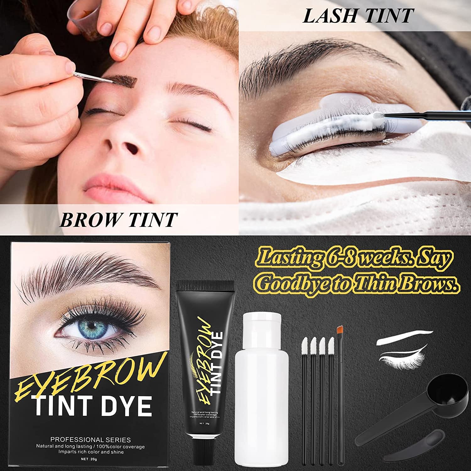 【6 in 1】 Brow Lamination Kit with Tint 丨Eyebrow Tint Dye & Eyebrow Lamination Kit with Professional Add-ons 丨Instant Fuller Thicker Eye Brow Tinter Kit for Home DIY Salon Use (Black)
