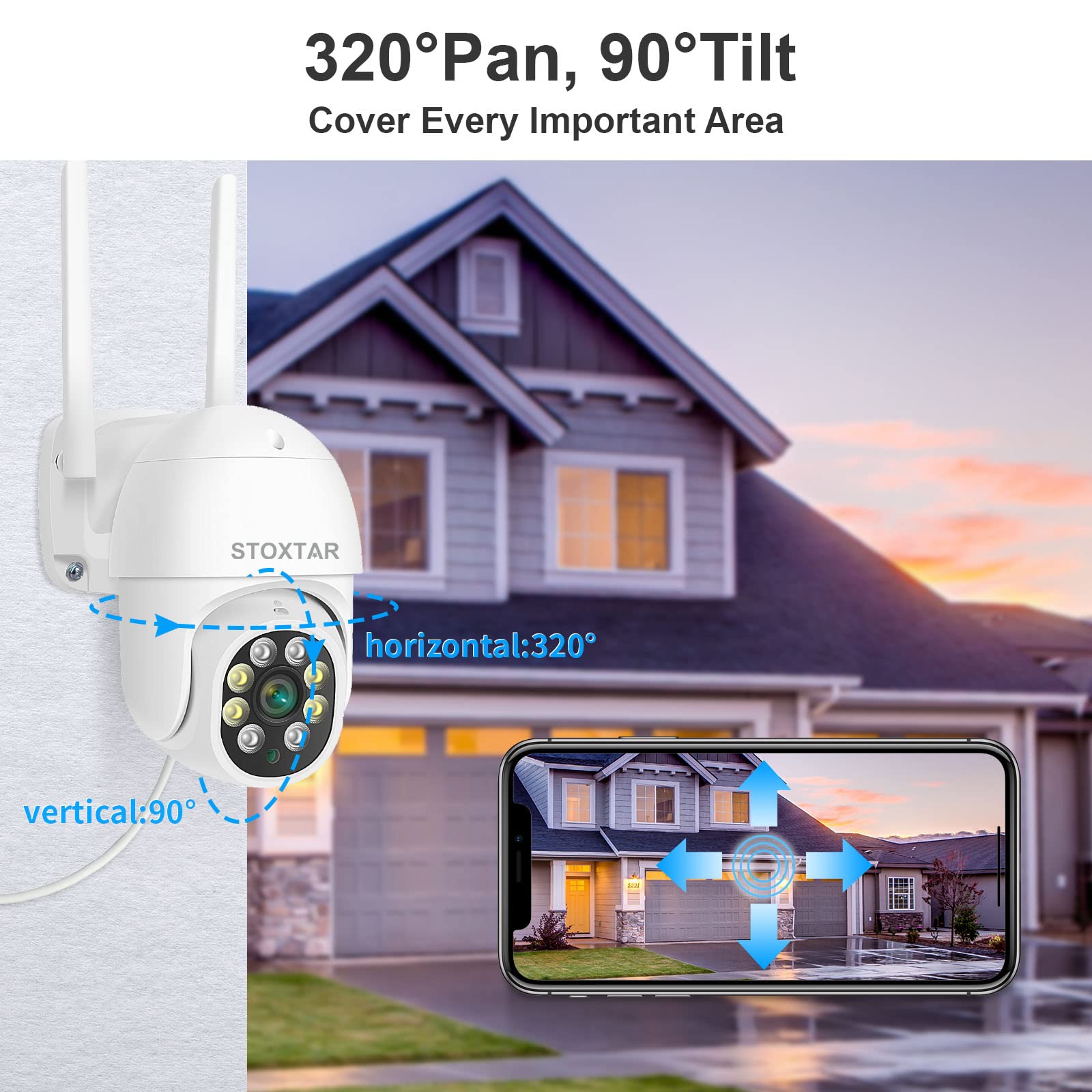 【2K, Auto Tracking】 STOXTAR Home Security Camera System Wireless, 8pcs 3MP PTZ WiFi Security Cameras Outdoor with Floodlight, 2-Way Audio, AI Human Detection, 10CH NVR with 1TB HDD for 24/7 Recording