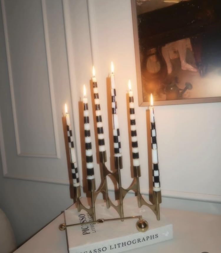 0 Handmade Decorative Hand Painted Taper Candles, 2 Pack | Checkered Black & White | for Dinner Table and Interior Decoration