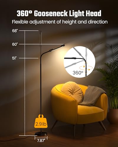 【Upgrade】SUPERDANNY Double Side LED Floor Lamp, RGB & Dimmable Bright Task Light with 6500K-3000K-4000K Color Temps, Adjustable Gooseneck, Standing Office Lamp for Reading, Living Room, Bedroom, Home