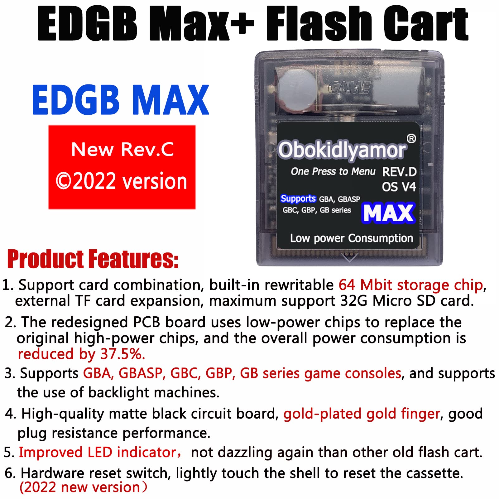 [Upgrade Version] 2022 EDGB Max+ Power Saving Flash Cart+ Game Cartridge Card For Gameboy GBA, GBASP, GBC, GBP, GB Series Game Consoles Service (EDGB MAX)