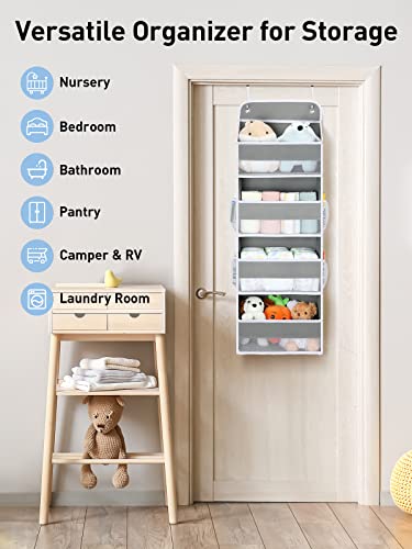 1 Pack Over the Door Organizer, Yecaye 35.2lbs Load Closet Door Organizer Hanging, Swing-proof Diaper Organizer Storage with 4 Big Pockets 4 Side Mesh Pockets for Nursery Newborn Baby Essentials Stuff