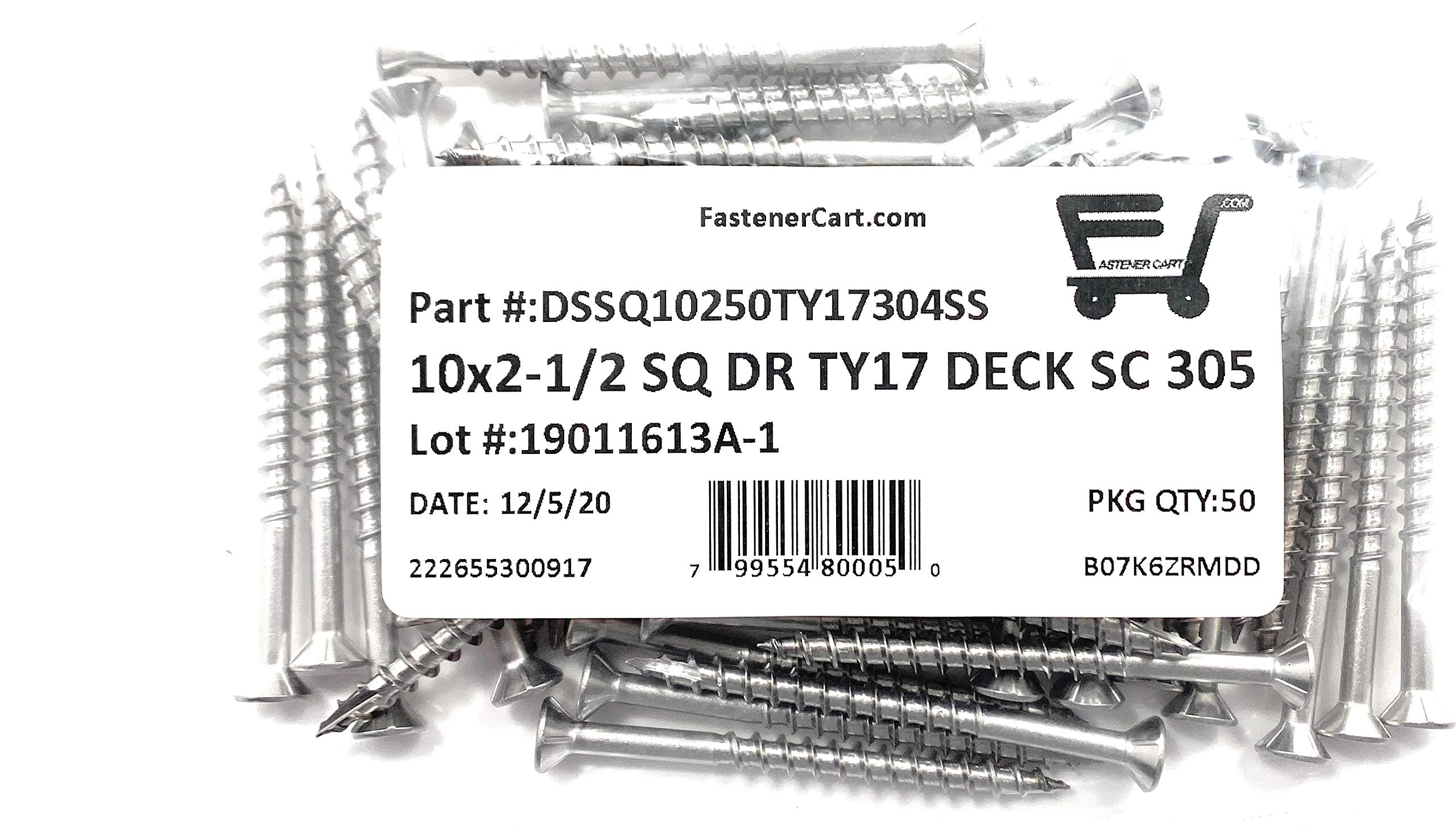 #10 x 2-1/2 Stainless Steel Wood Deck Screws Square Drive W/4 Nibs Type 17 Drill Point (10x2-1/2) (50 Pieces)