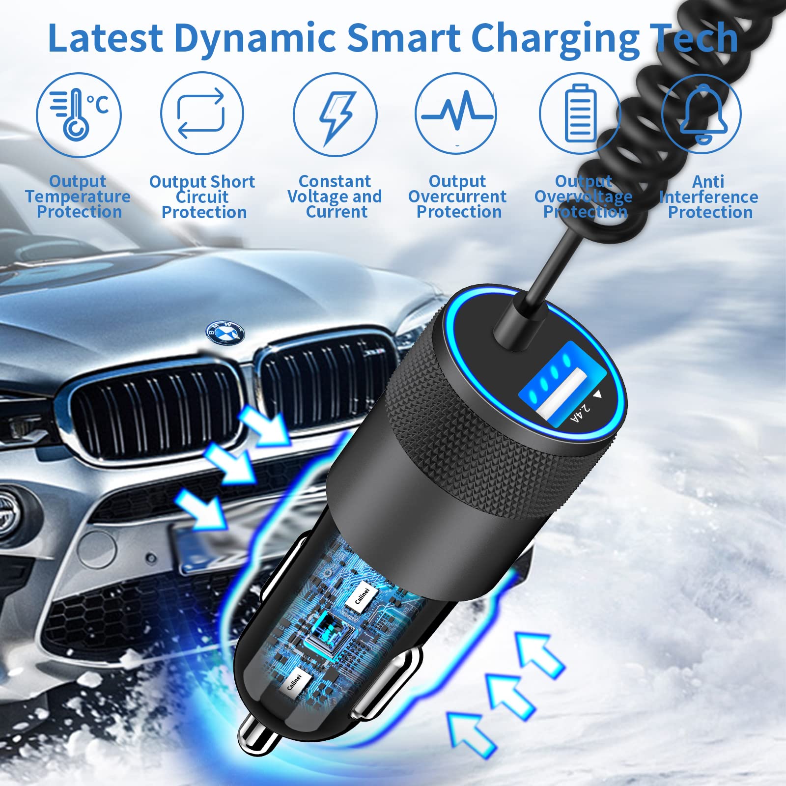 【MFi Certified】iPhone Fast Car Charger, Caiinei 4.8A Dual USB Power Car Charger Fast Charging Cigarette Lighter Adapter+6FT Coiled Lightning Cable for iPhone 14 13 12 11 Pro/XS Max/Mini/XR/X/8/SE/iPad