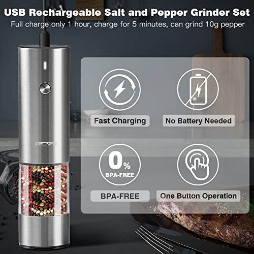 [Upgraded Larger Capacity] Rechargeable Electric Salt and Pepper Grinder Set - with USB Type-C Cable, LED Lights, Automatic Salt and Pepper Grinder Set, 2 Adjustable Coarseness Mills Refillable