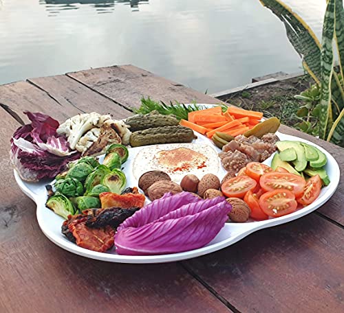 1 Ecology Reusable Non Disposable White Veggie Tray for Partys. 13 in, Unbreakable Melamine Not Plastic. Appetizer Sectioned Platter. Vegetables and Fruits. Chip and Dip Serving Dish for entertaining.