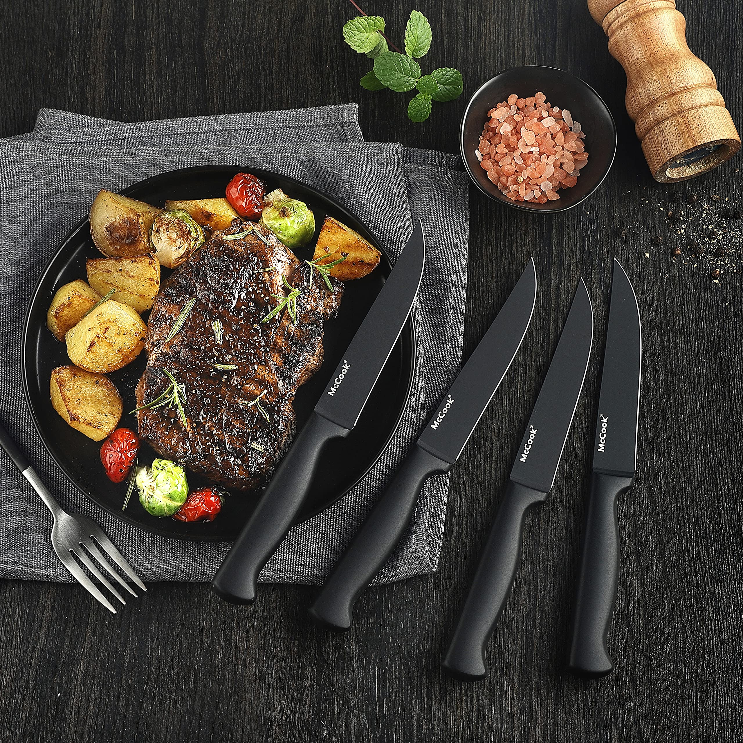 【What Yout Get】MC29 15 Pieces German Stainless Steel Knife Block Sets with Built-in Sharpener + McCook MC59B Steak Knives Set of 6