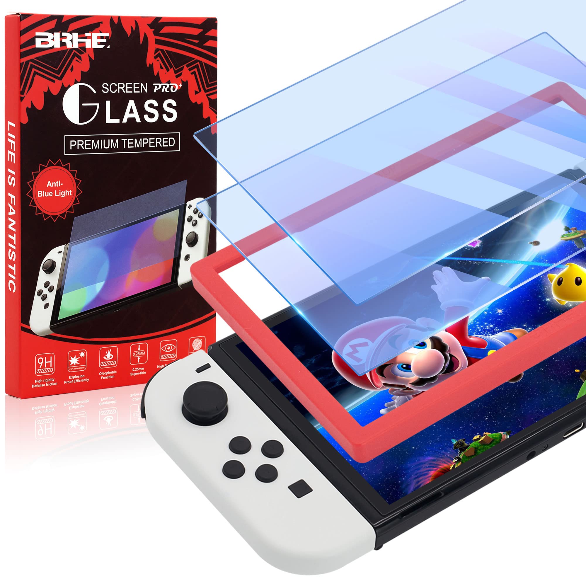 【Anti-Blue Light】BRHE Screen Protector for Nintendo Switch OLED Model 7 '' 2021 Console Accessories, 0.25mm 9H Tempered Film Clear Protective Glass with Easy Installation Frame-2 Pack