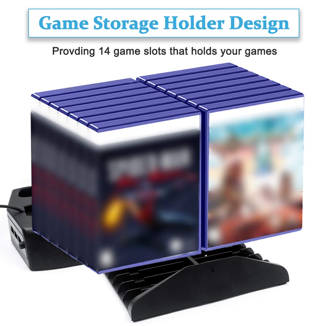 [UPGRADED VERSION] Cooling Fan Charging Station Vertical Stand Charger Compatible with Playstation 5 PS5 Console Charging Station Dock, Dual Controller Charger with 14 Game Card Slot Organizer