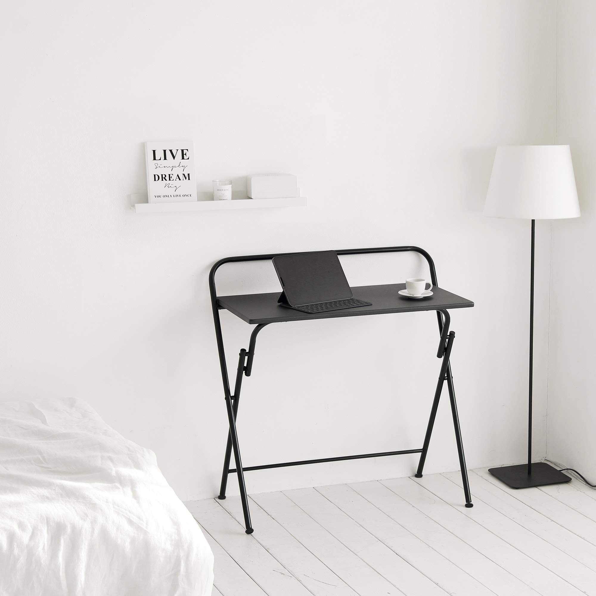 【Roomnhome】 27'' Height Foldable Home Office Desk, for Small Space, Metal Frame with Plastic Sheet Coated Desk Surface (Black)
