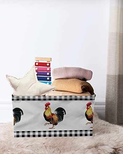 1 PC Large Storage Basket Bins Waterproof Fabric, Black Rooster Rectangular Storage Box for Shelf Closet Organizer Farm Buffalo Plaid White Check